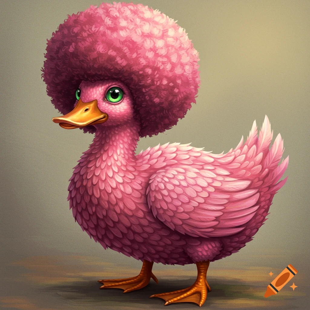 A pink duck with a pink afro and green eyes on Craiyon