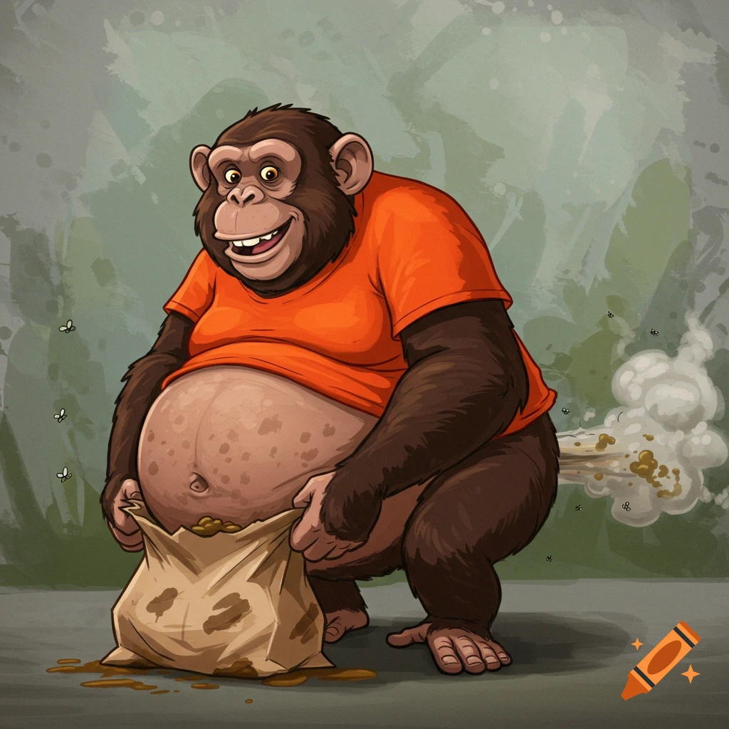 Cartoon chimpanzee in orange shirt farting into a bag. on Craiyon
