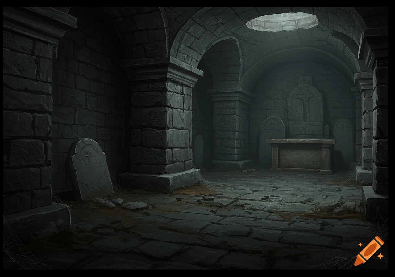 Dark fantasy crypt with stone arches, tombstones, and an altar. on Craiyon