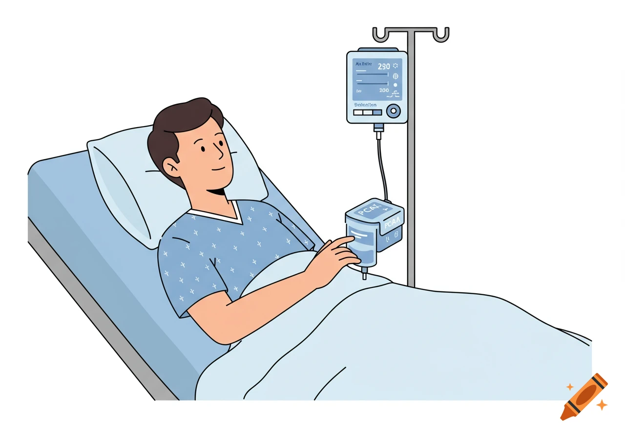 Vector illustration of a patient in a hospital bed with a PCA pump. on ...