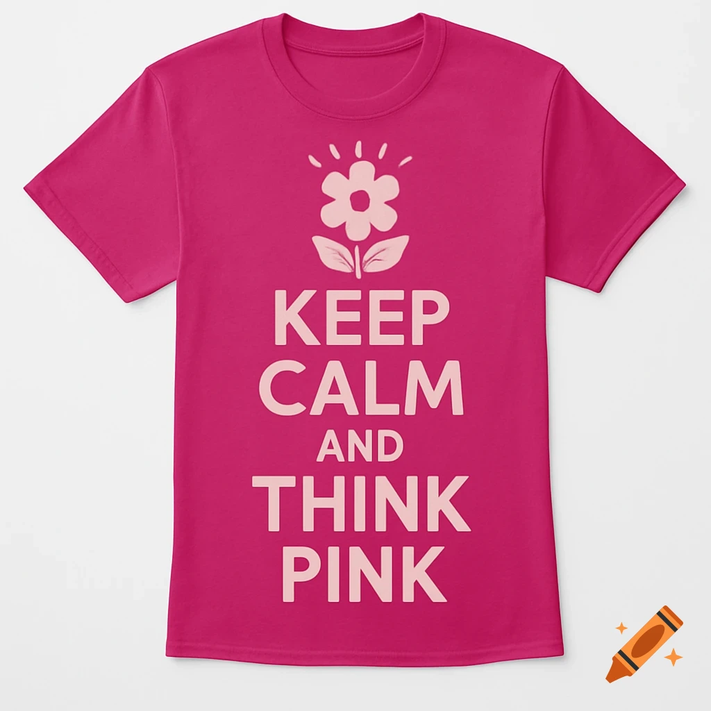 Fuscia pink t-shirt with pale pink text 'KEEP CALM AND THINK PINK' and ...