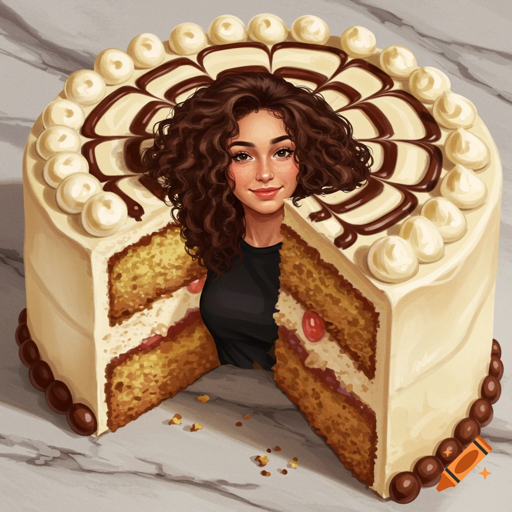 Illustration of a cake with a slice cut out revealing a woman's head ...