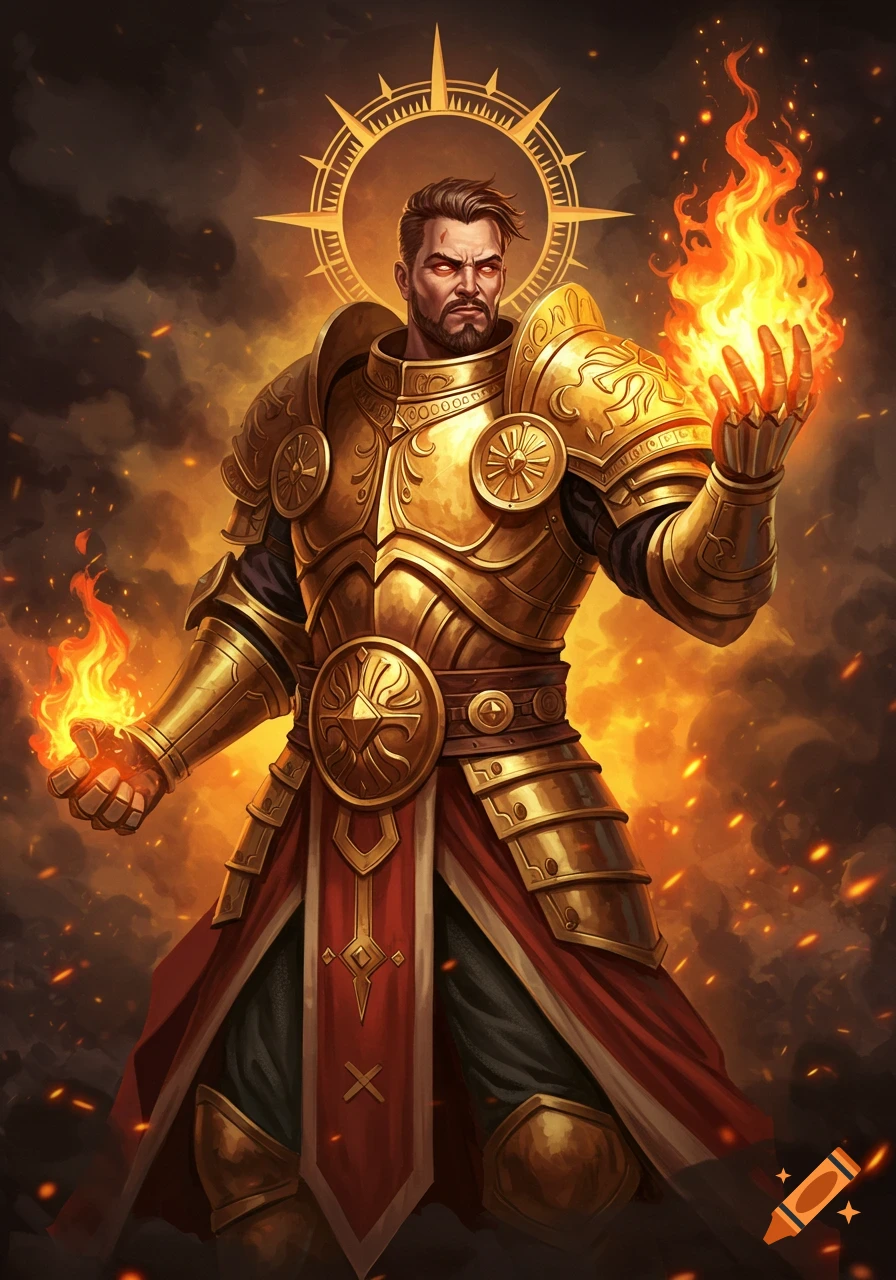 Male cleric in golden armor casting fire magic, fantasy art. on Craiyon