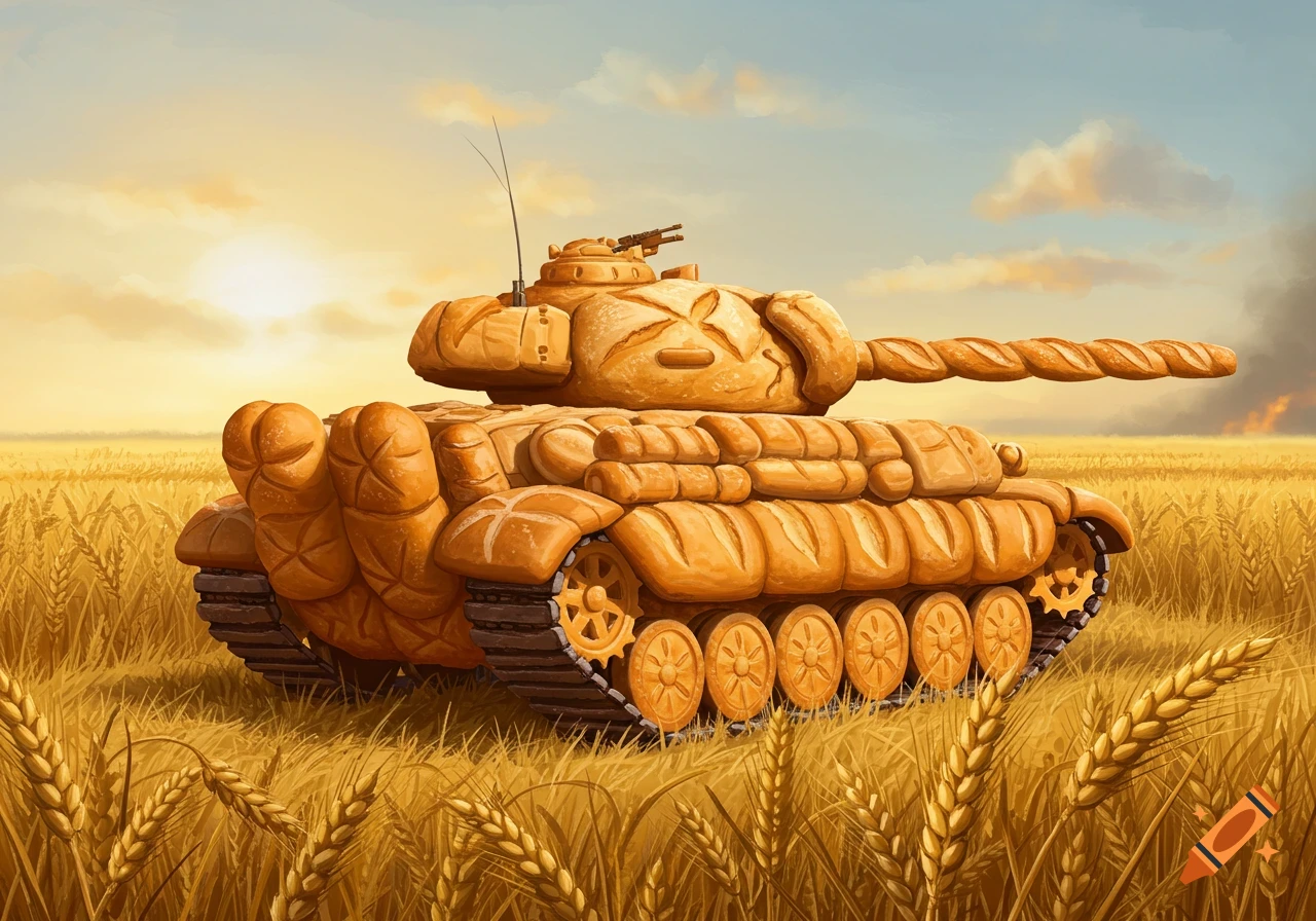A fantasy tank made of bread sits in a wheat field at sunset, digital ...