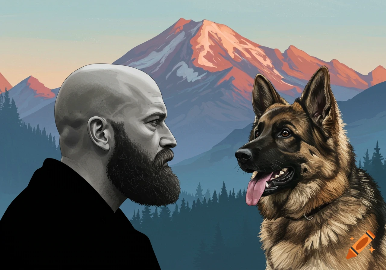 Illustration of a bald man looking at a German Shepherd with mountains ...