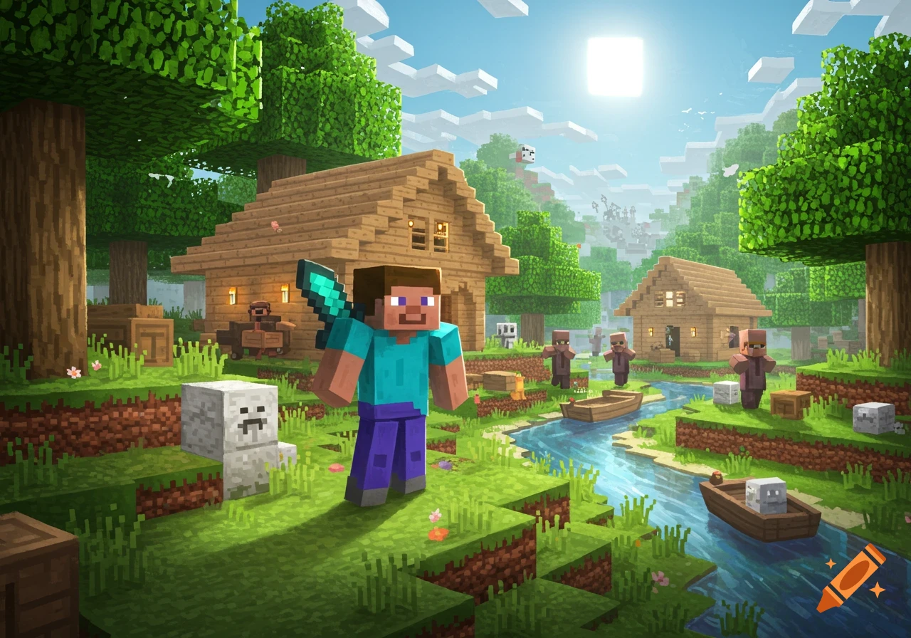 Minecraft scene with Steve, villagers, a skeleton, and houses by a ...