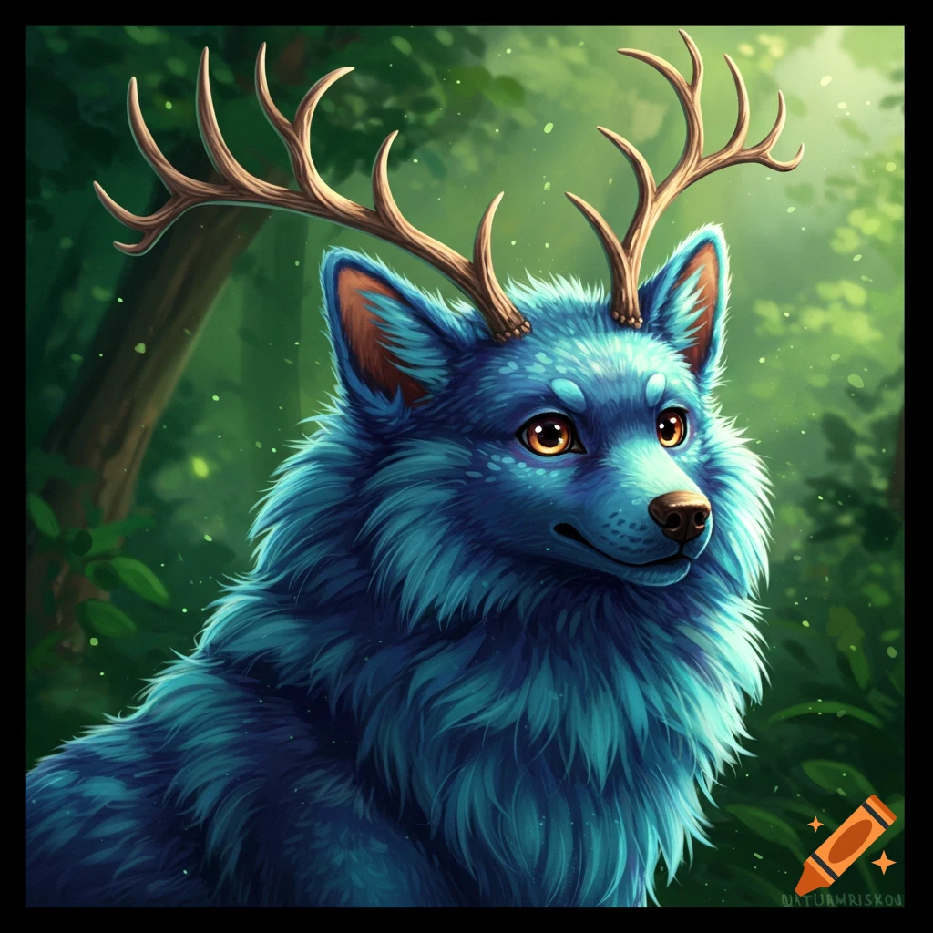 A blue furry creature with deer antlers in a forest, digital painting ...
