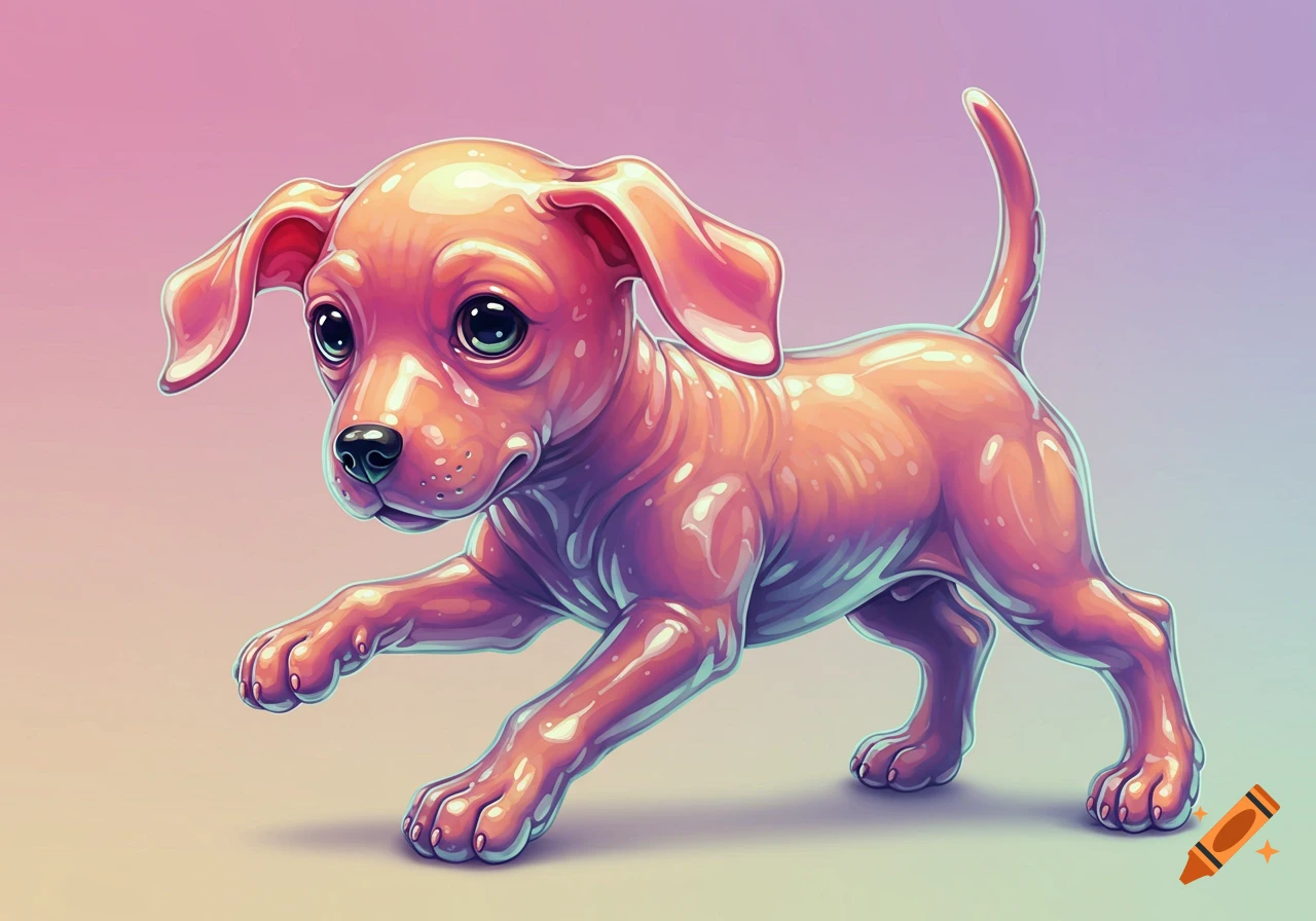A shiny, stylized pink puppy stands on a gradient background. on Craiyon