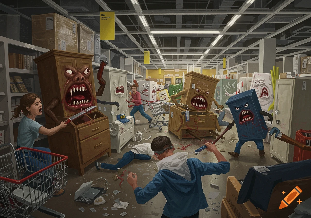 Sentient furniture monsters attack people in a chaotic store scene. on ...