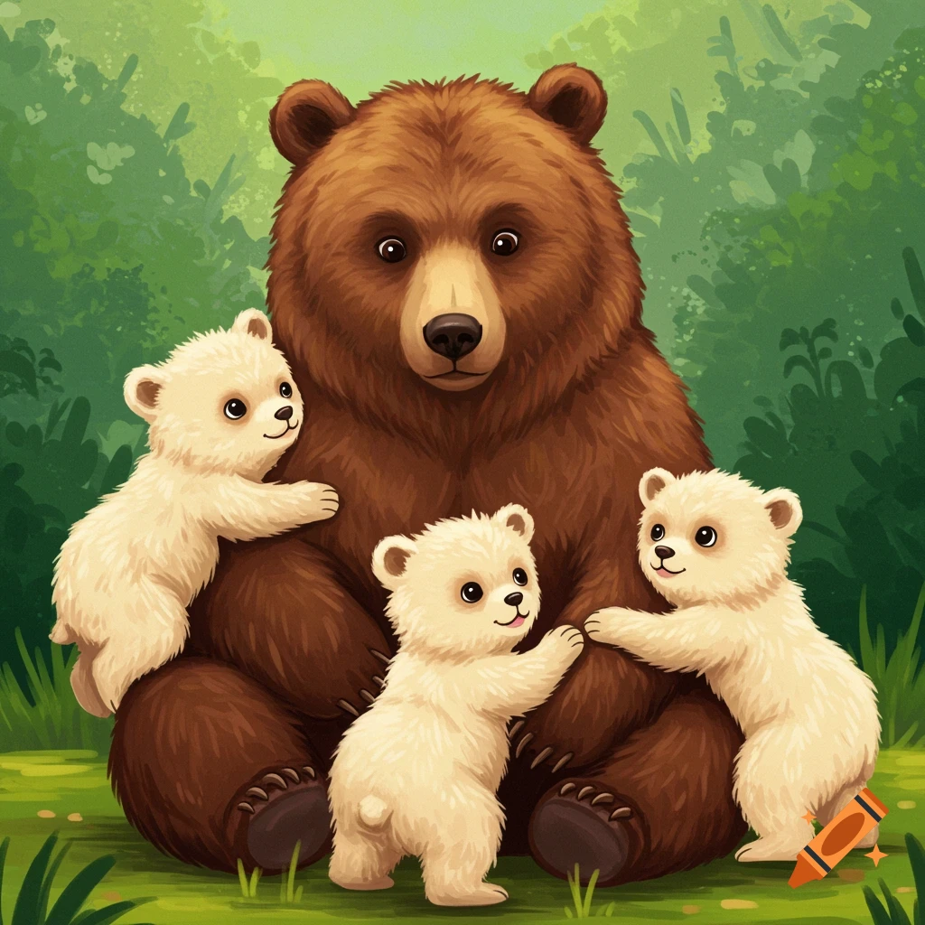 Cute illustration of a brown mother bear with three white bear cubs in a forest. on Craiyon