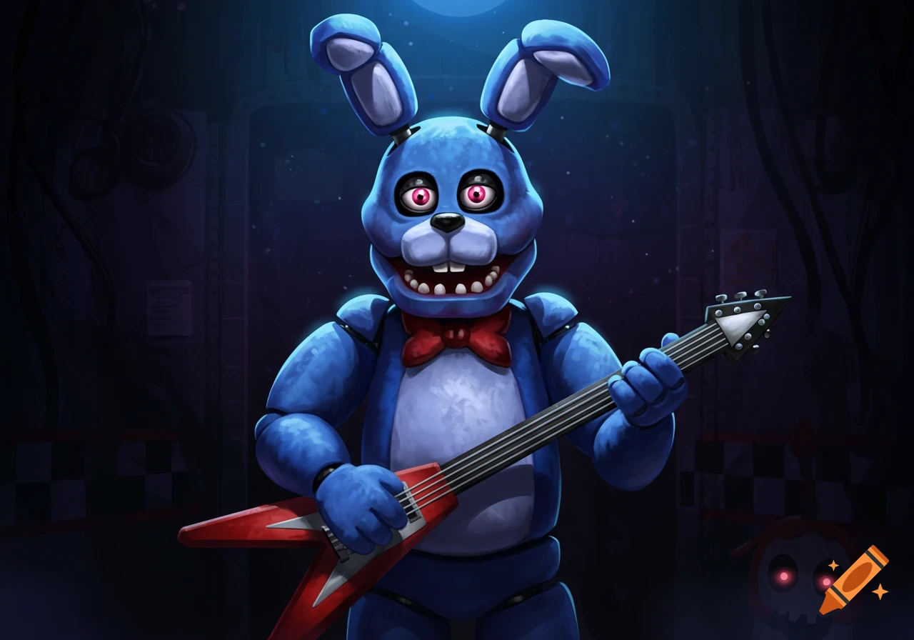Blue animatronic bunny from FNaF with red eyes playing a red guitar in ...