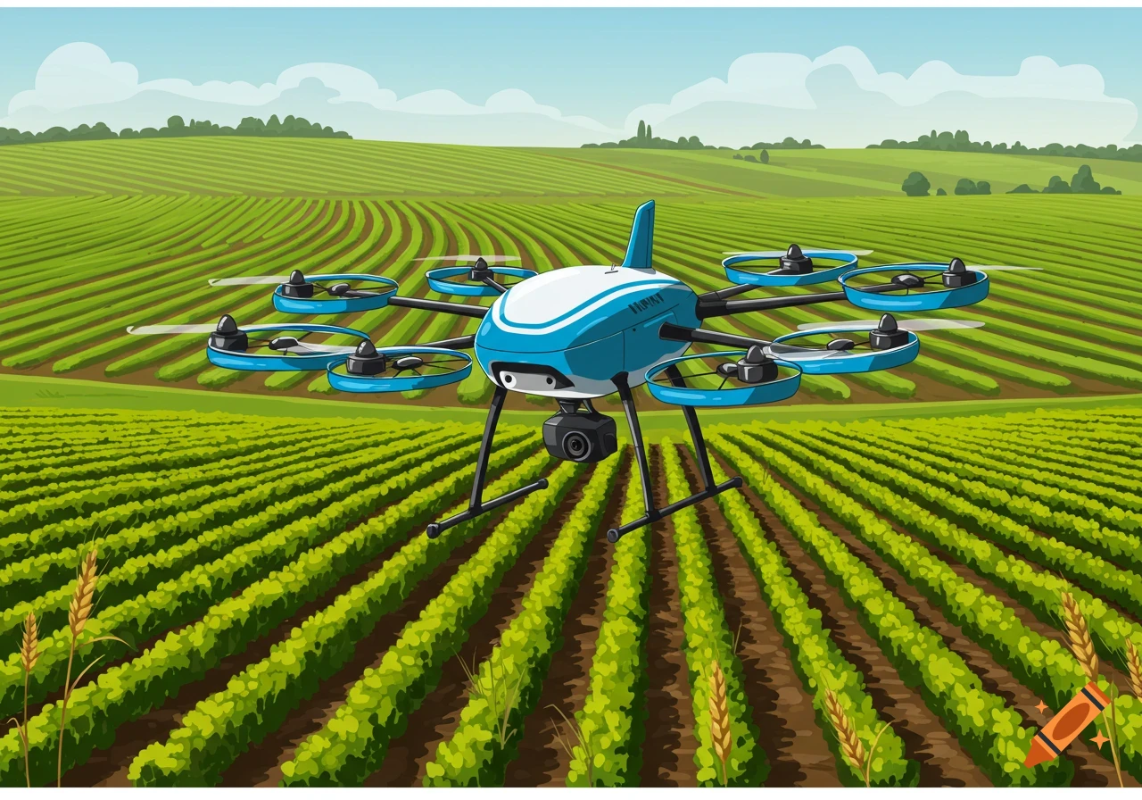 Illustration of a drone flying over a green farm field with rows of ...