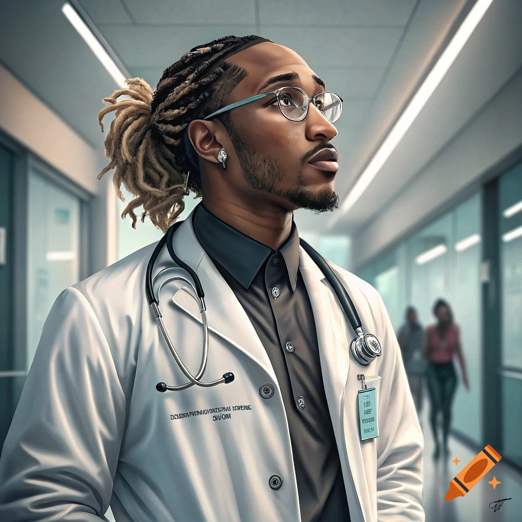 A man with dreadlocks and glasses wearing a doctor's coat and ...