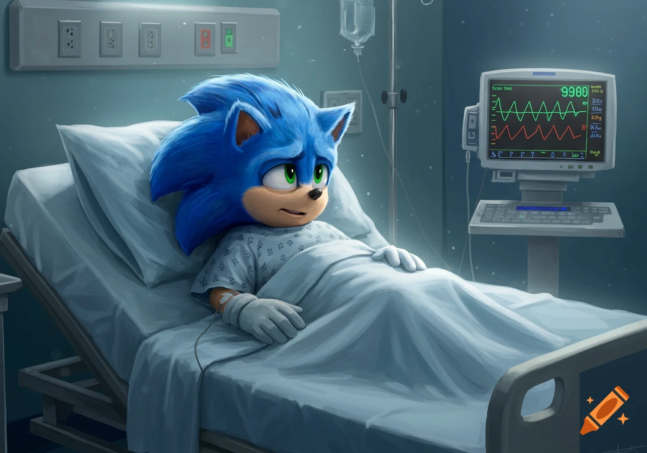 Sonic the Hedgehog lies in a hospital bed with an IV and heart monitor, looking sad. on Craiyon