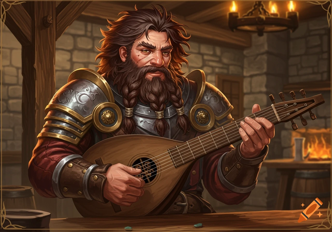 Fantasy war bard playing a lute in a tavern. on Craiyon
