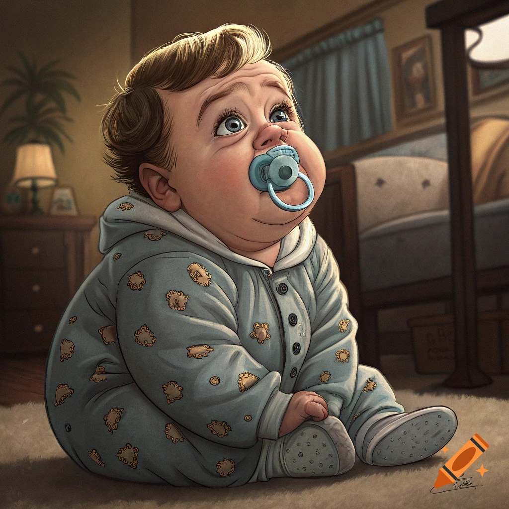 A stylized illustration of a plump baby wearing a onesie and pacifier ...