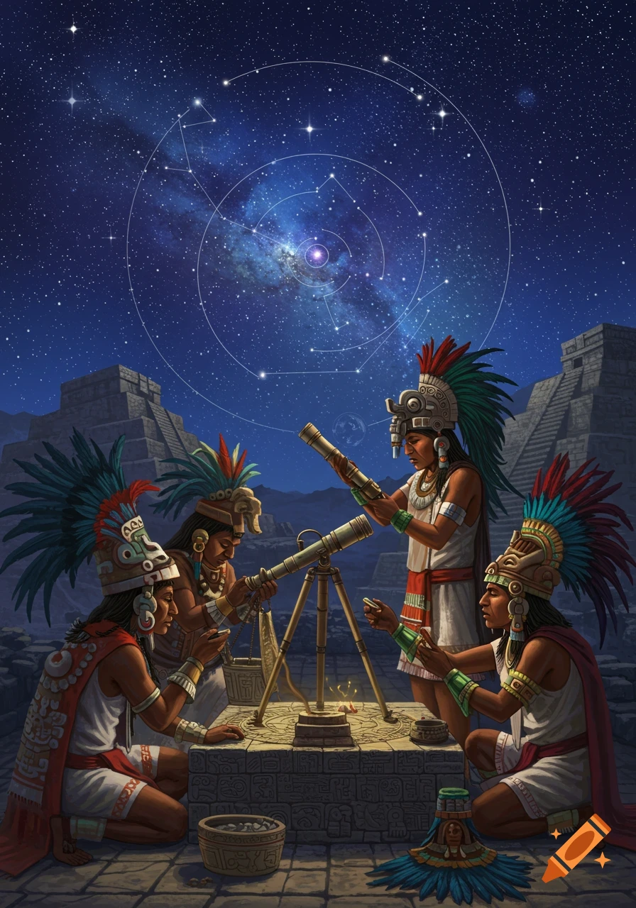 Mayan people observe the night sky with telescopes and astrological ...