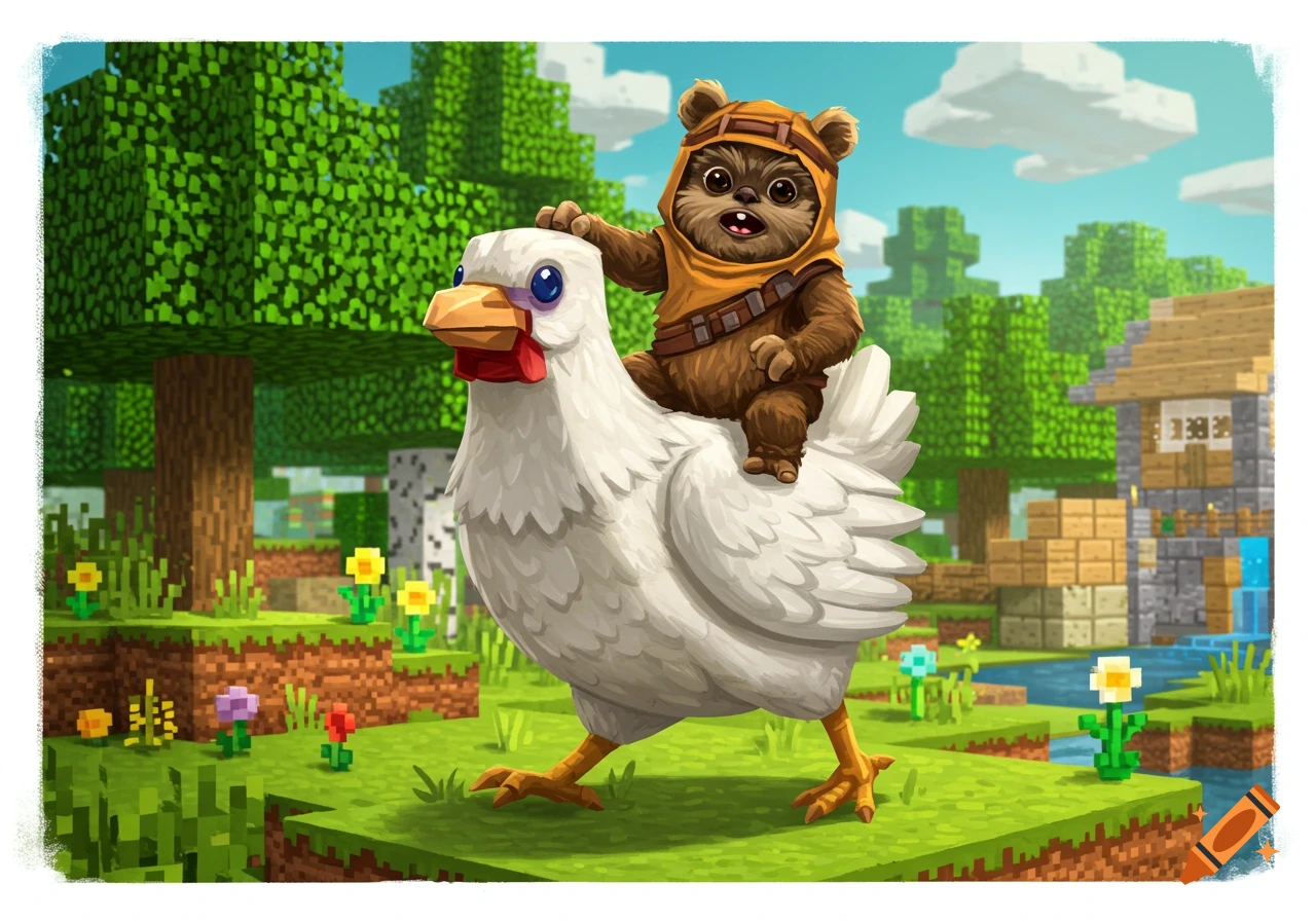 An Ewok rides a chicken in a Minecraft world. on Craiyon