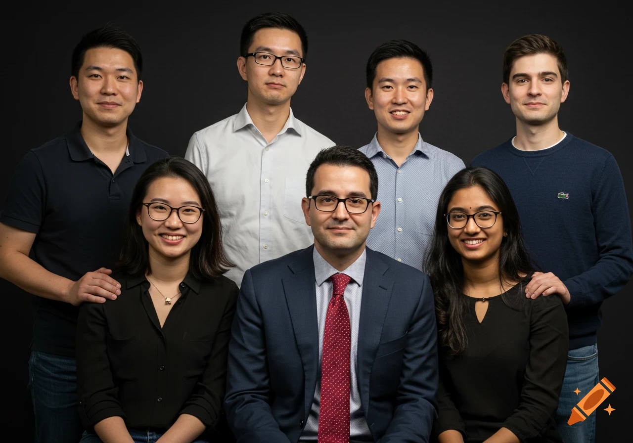 A group portrait of seven diverse professionals posing for a photo. on ...