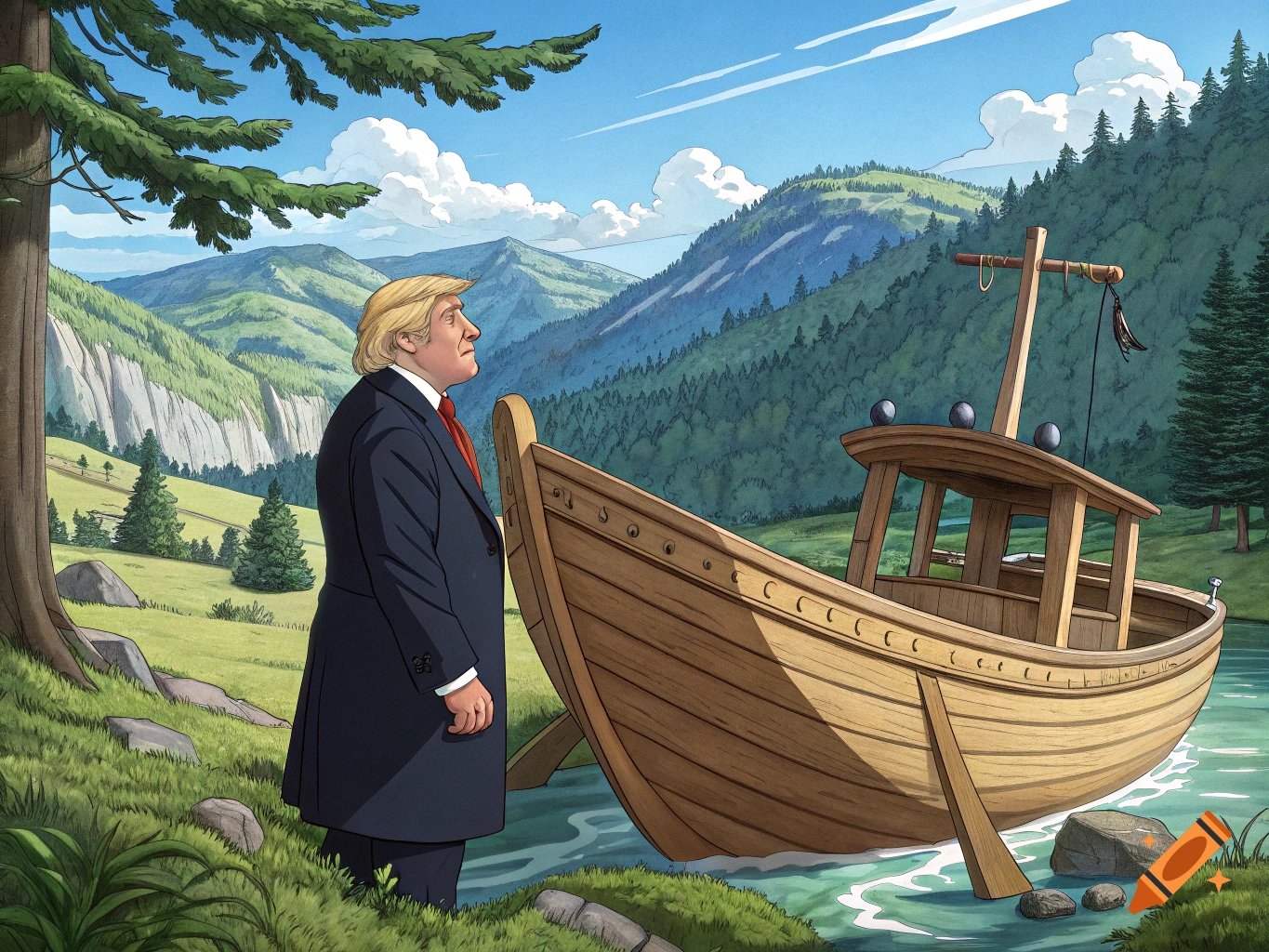 Donald Trump stands by a wooden boat in a Studio Ghibli style landscape ...