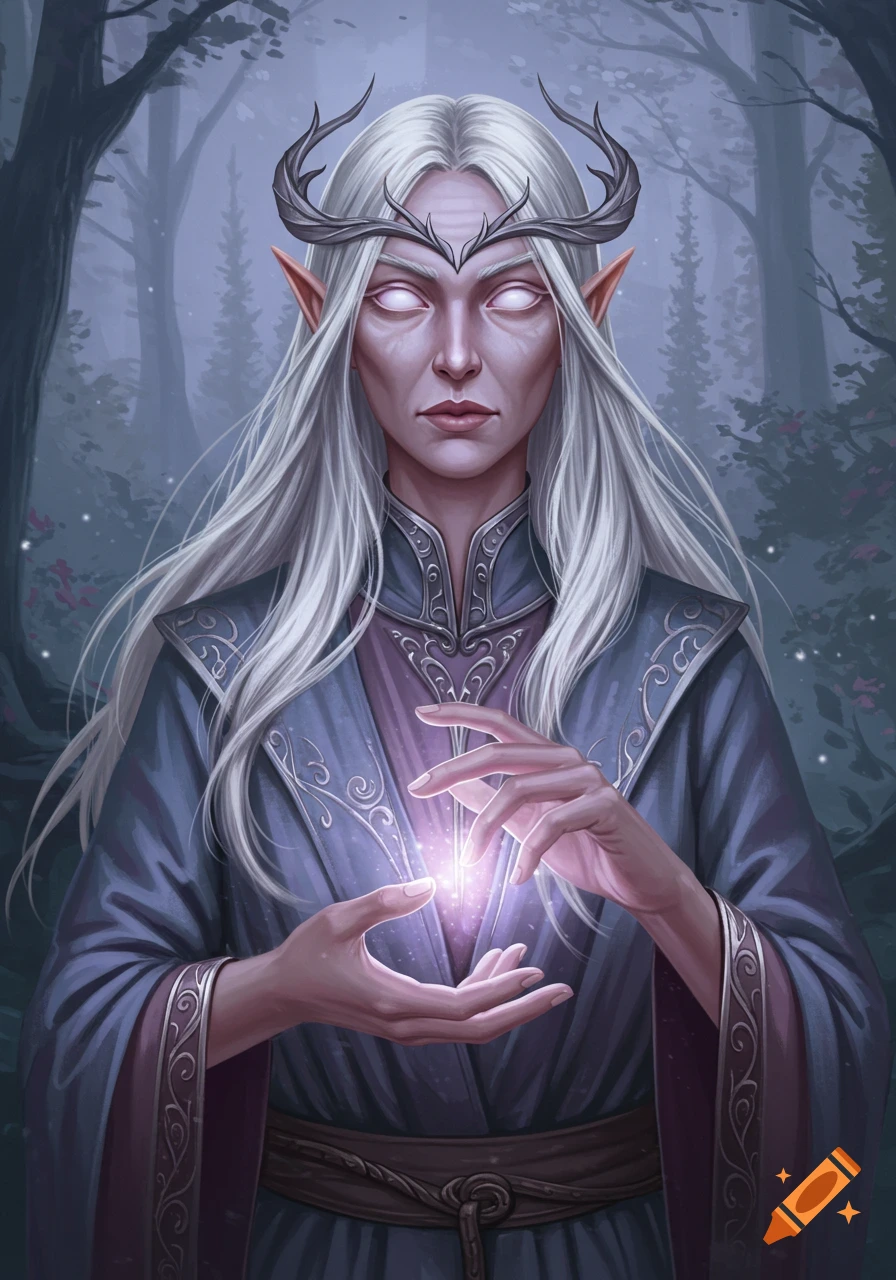 A fantasy painting of a blind elven seer with glowing eyes and hands ...