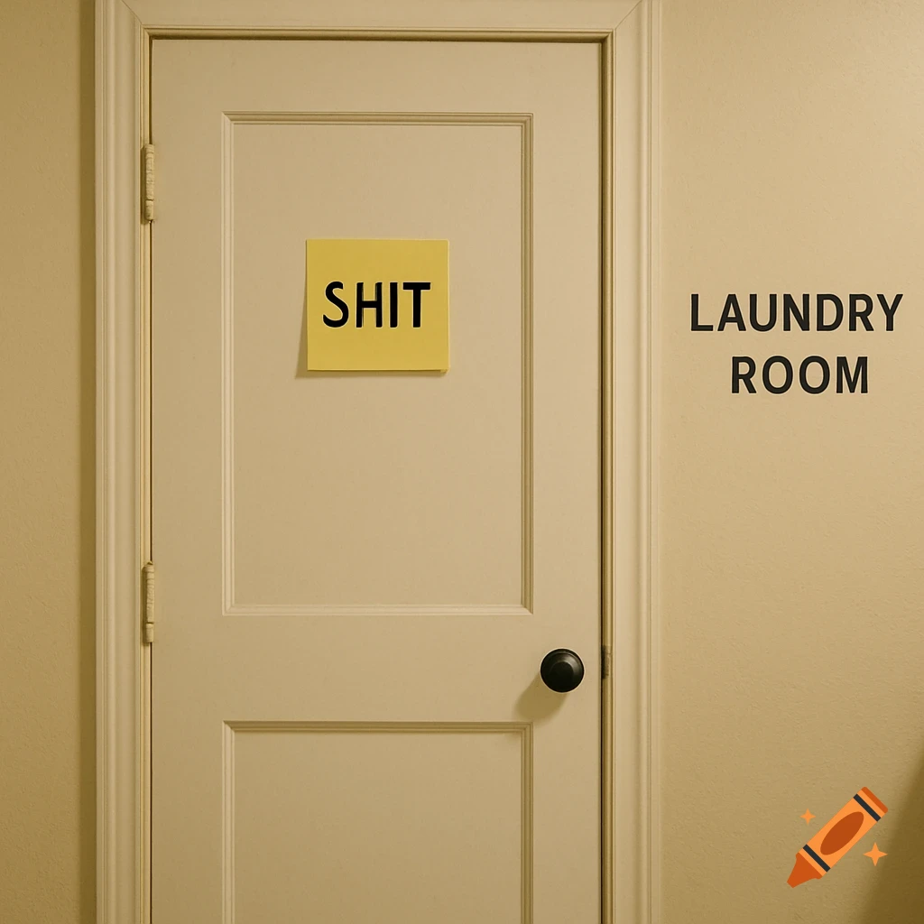 A door with a sticky note saying SHIT and LAUNDRY ROOM text on the wall ...