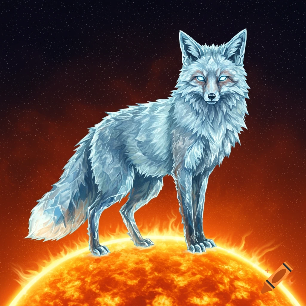A stylized ice fox stands on the sun against a starry sky. on Craiyon