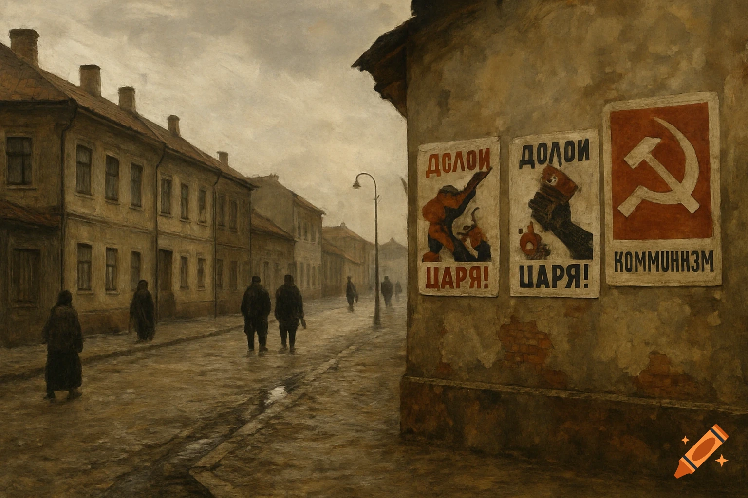 A painting of a gloomy street scene with people walking past a wall ...