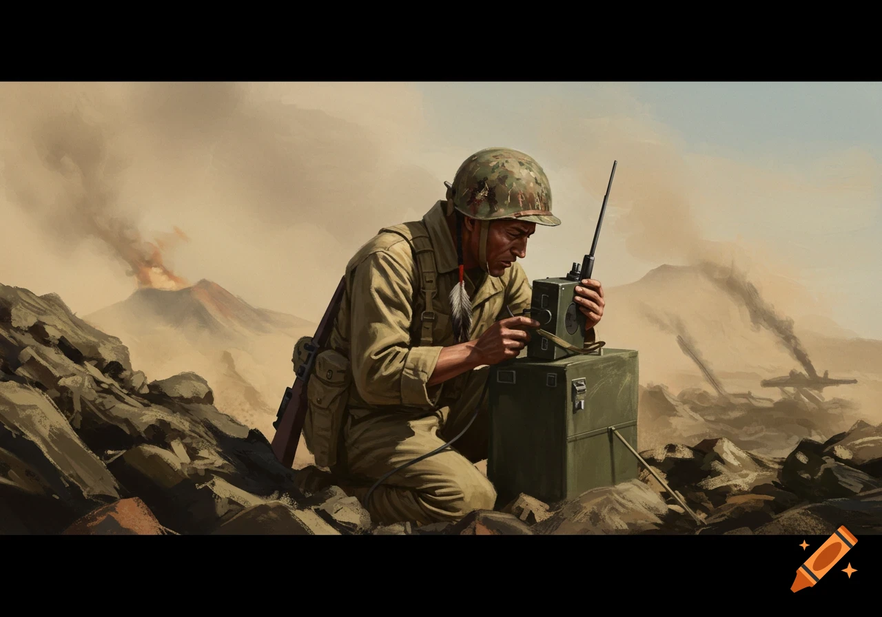 Illustration of a soldier operating a radio in a rocky, volcanic ...