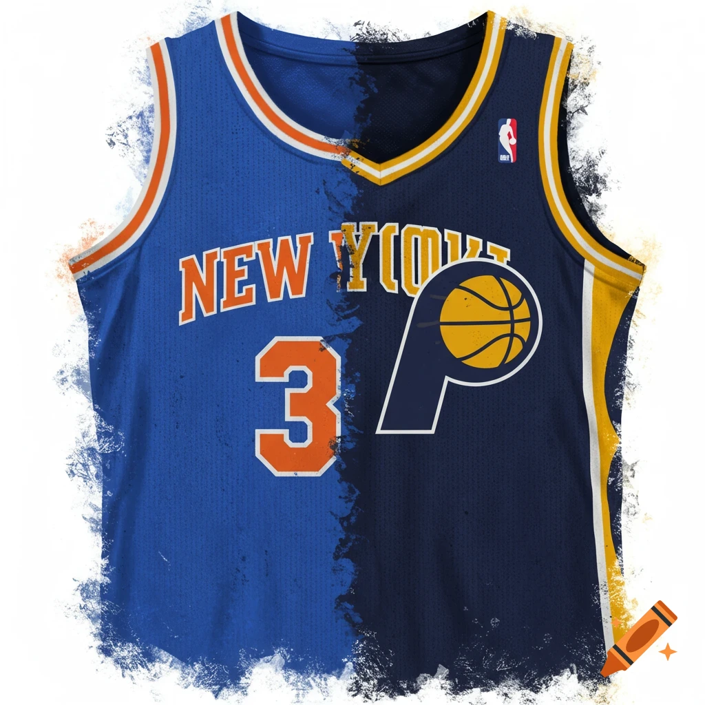 Split basketball jersey, half New York Knicks blue, half Indiana Pacers ...