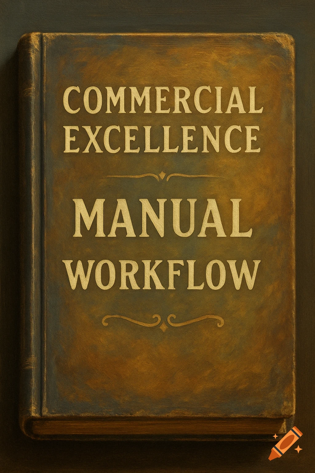 Close-up of an old book cover titled "Commercial Excellence Manual Workflow". on Craiyon