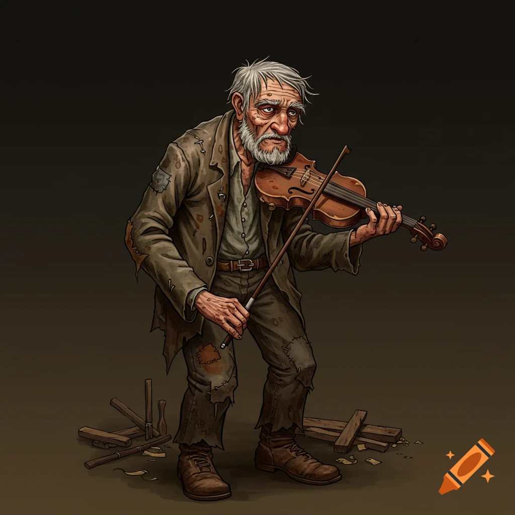 An illustration of an old, ragged man playing a violin. on Craiyon