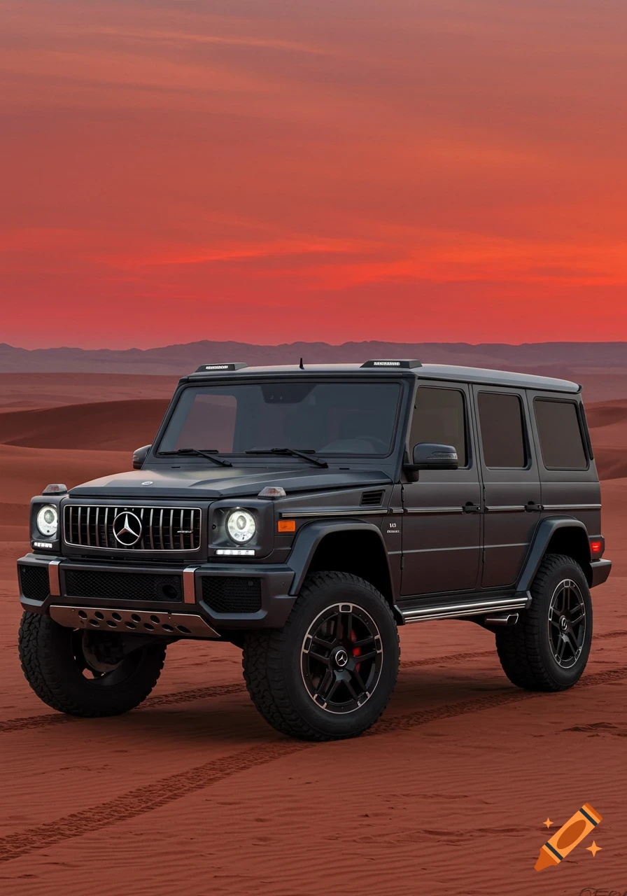 A black Mercedes G-class SUV sits on sand dunes in the desert under an ...