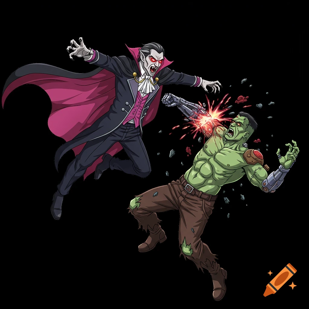 Anime style illustration of a vampire attacking a cyberpunk ...