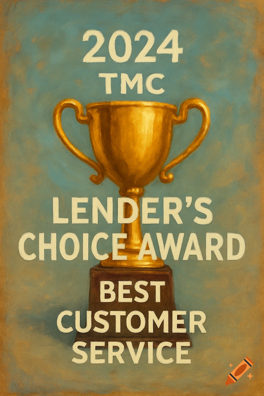 Award trophy with text '2024 TMC Lender's Choice Award Best Customer ...