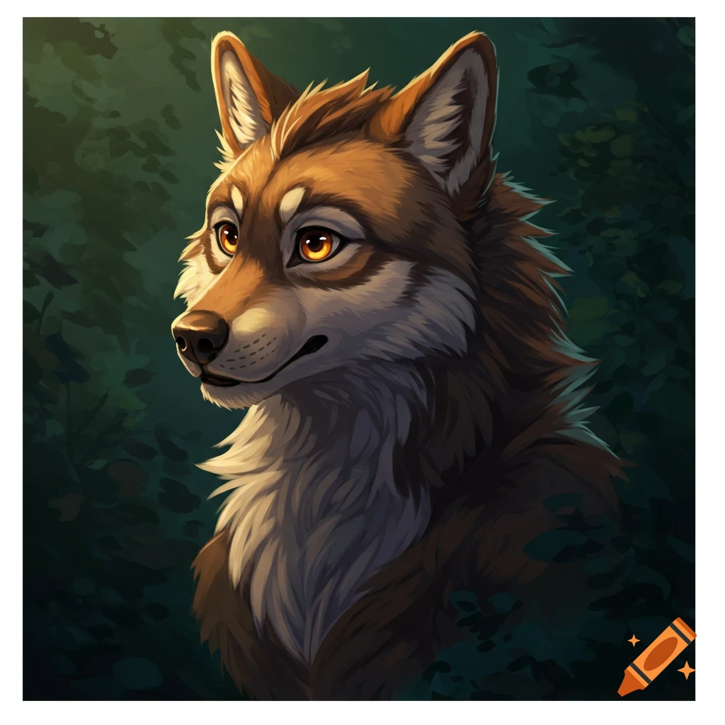 A stylized digital art portrait of a wolf character with amber eyes ...