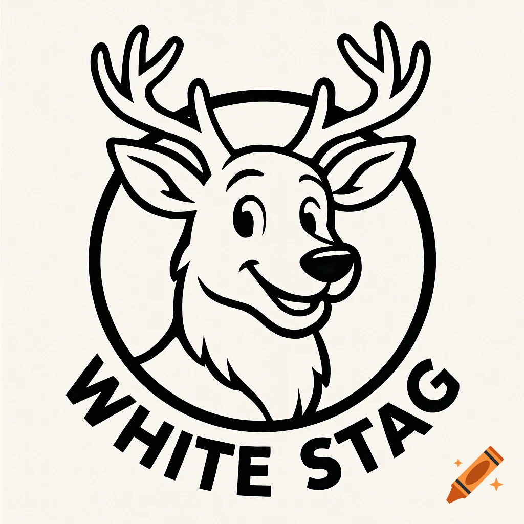 Black and white cartoon logo of a smiling stag head inside a circle ...