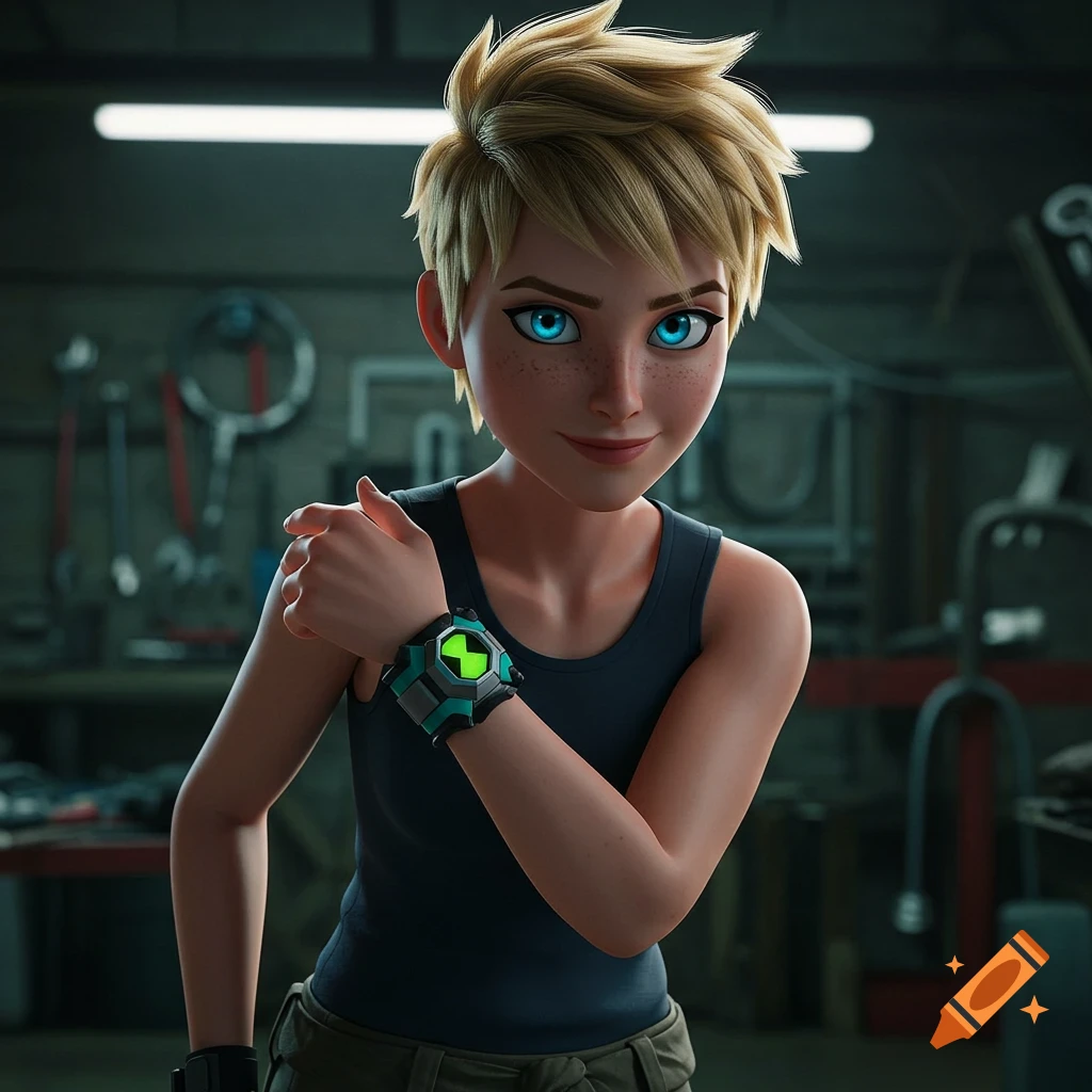 3D render of a genderbent Max Tennyson wearing an Omnitrix in a ...