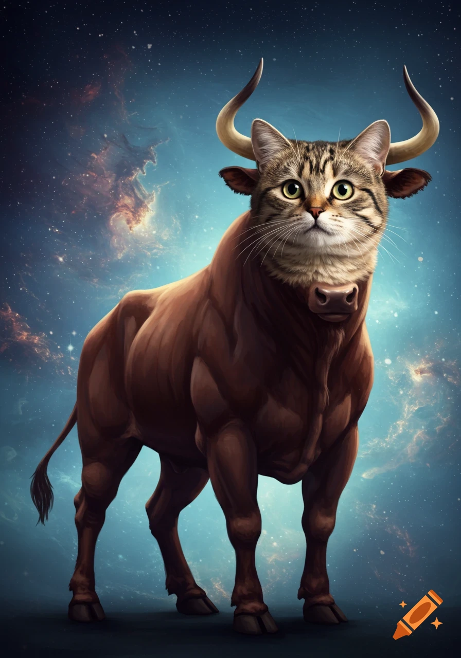 Creature with a cat head and bull body stands in space on Craiyon