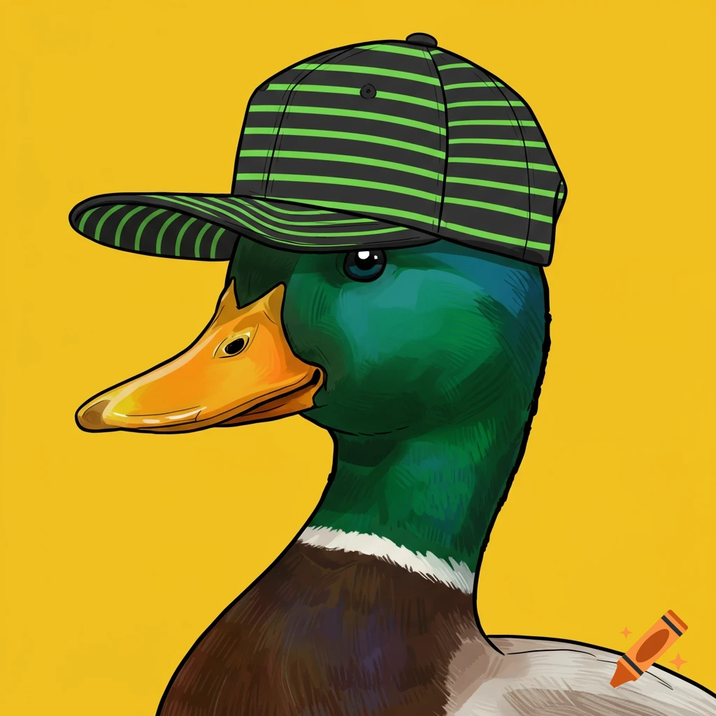 A cartoon mallard duck wearing a black and neon green striped baseball ...