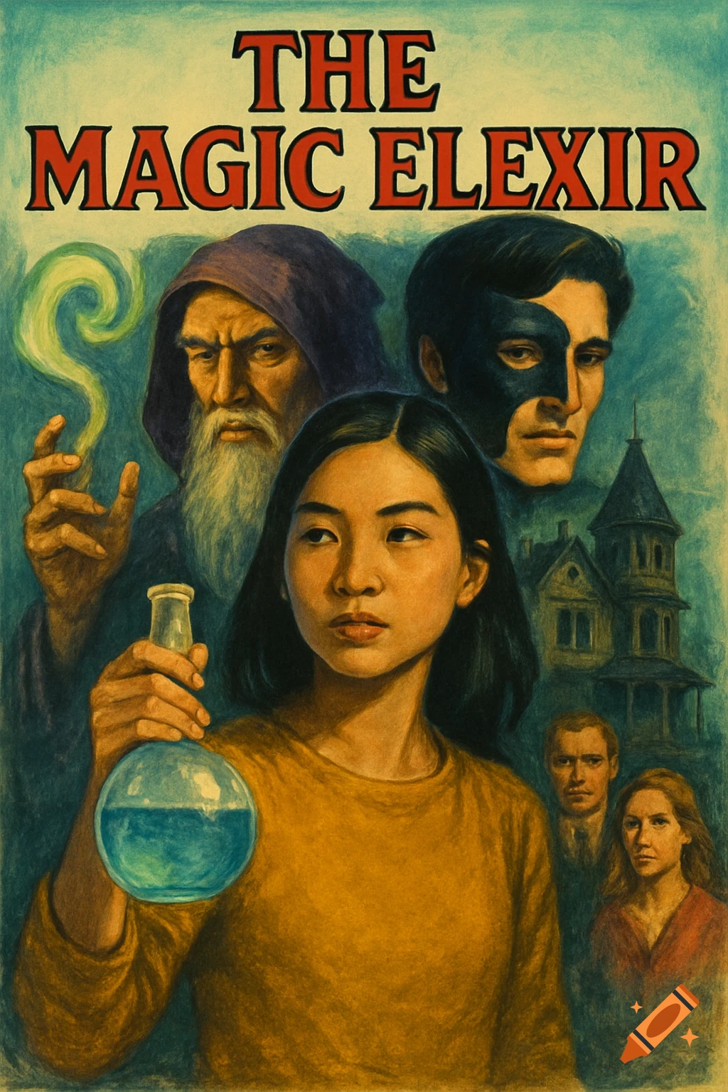 Book cover illustration with a girl holding a potion bottle, a wizard ...