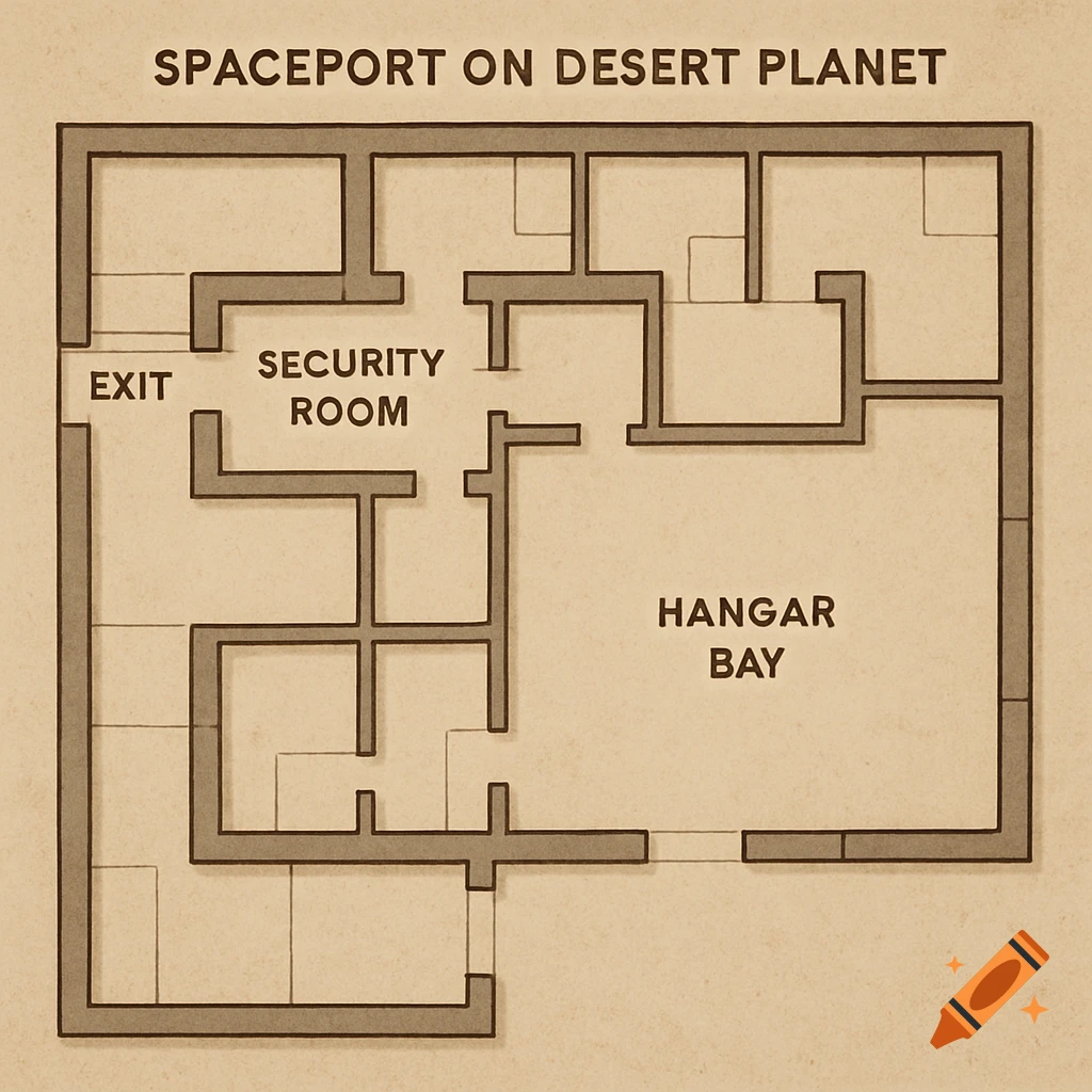 Overhead floor plan map of a spaceport on a desert planet with rooms ...