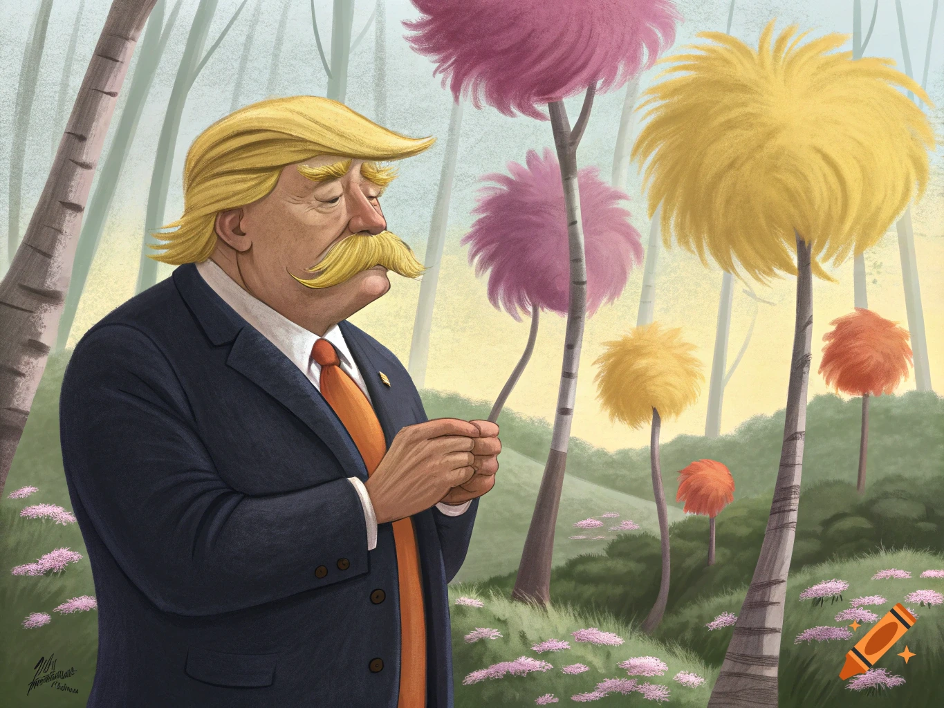 Caricature of Donald Trump as the Lorax in a fantasy forest with ...