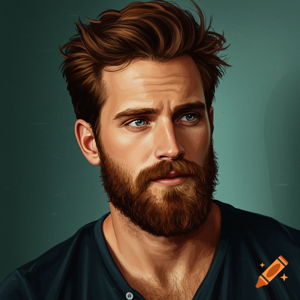 Digital painting portrait of a bearded man with brown hair and blue ...