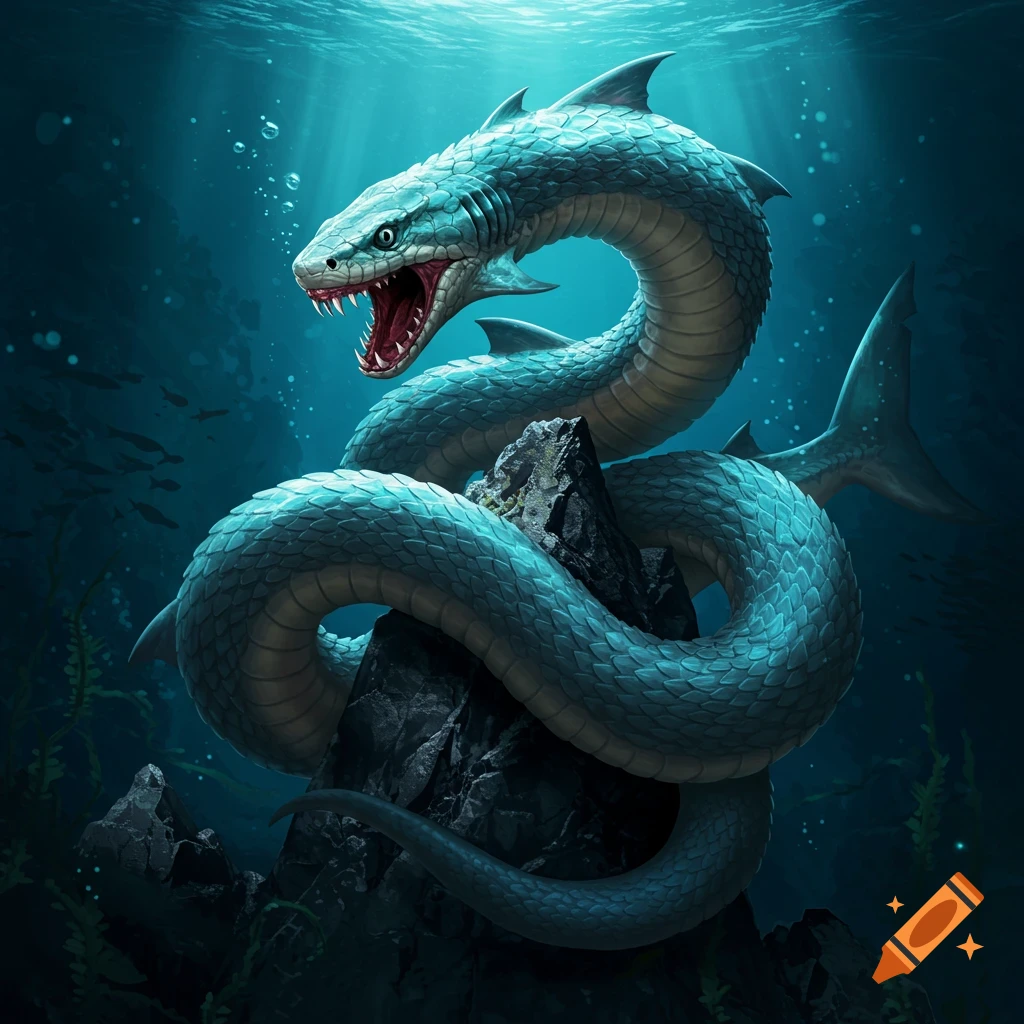 A teal snake-shark hybrid creature with fins and scales swims through dark water with light rays ...