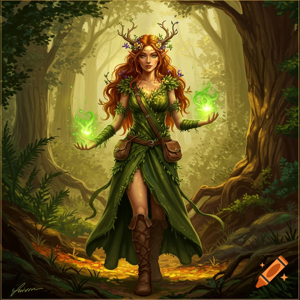 A wood elf female druid with glowing green magic in a sunlit forest. on ...