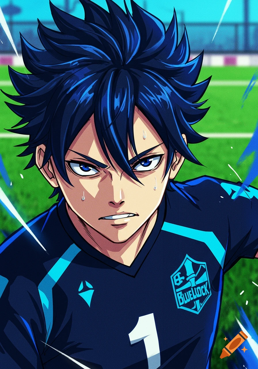 Anime portrait of Isagi Yoichi in a blue soccer jersey on a field. on ...