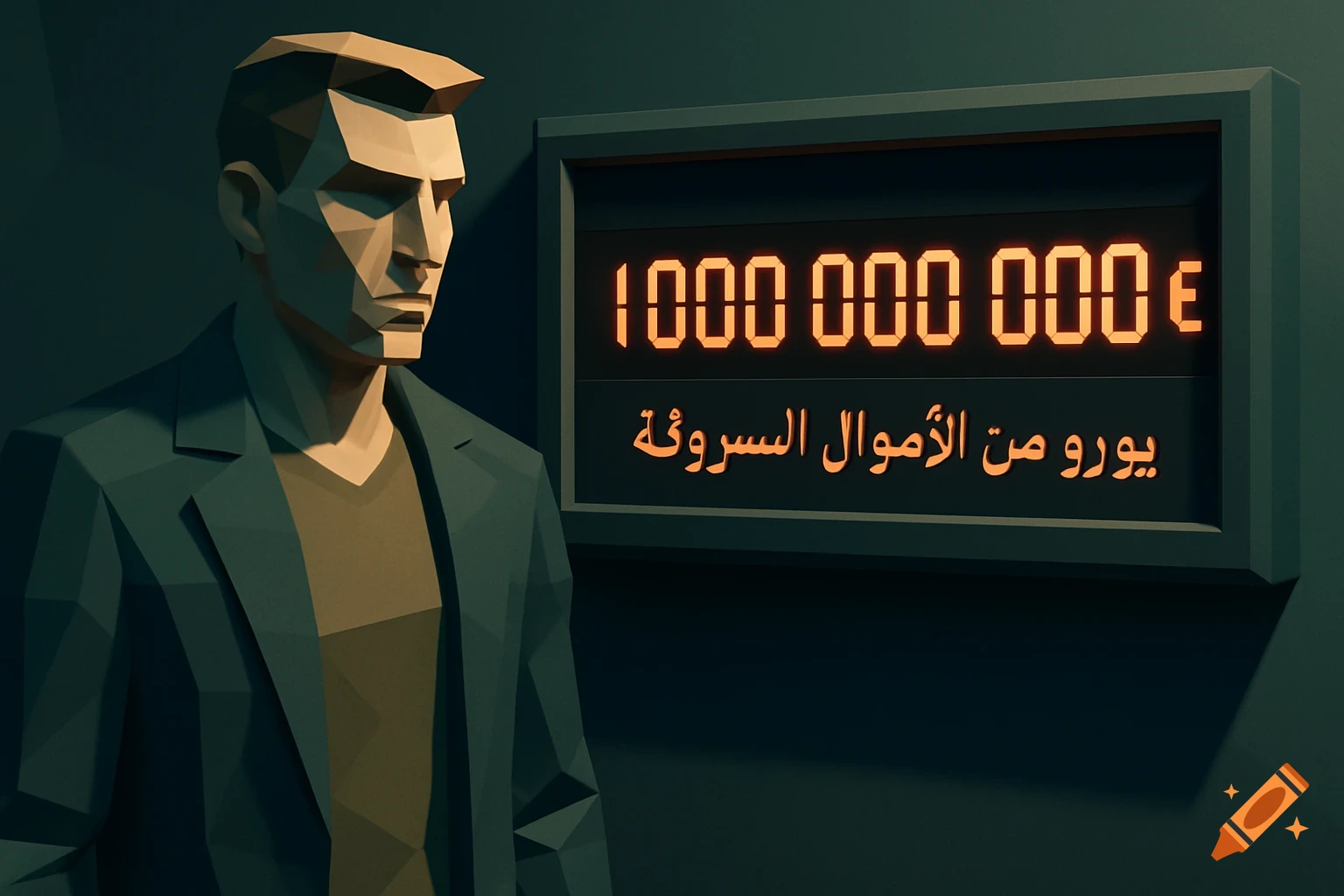 Low poly 3D rendering of a man standing next to a digital counter ...