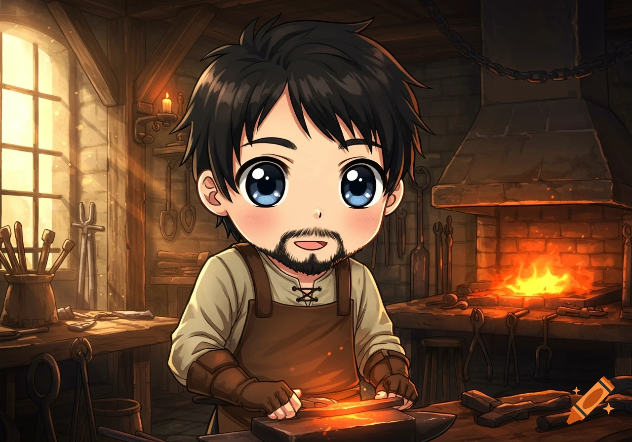 Chibi anime blacksmith character works at an anvil in a fantasy ...