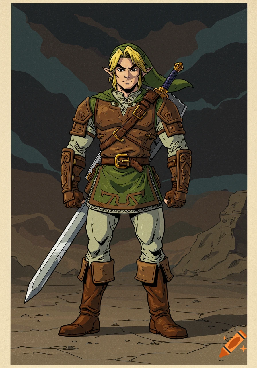 Illustration of Link from Zelda in a vintage comic book style on Craiyon